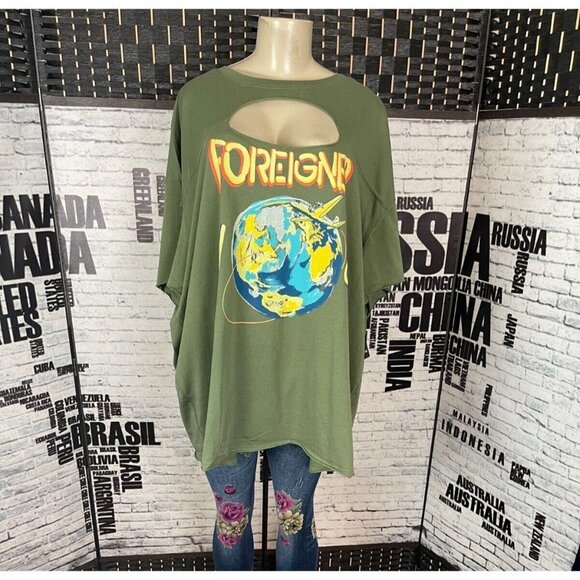 torrid | Tops | Foreigner Torrid Plus 4 Olive Logo World Graphic Cutout ...
